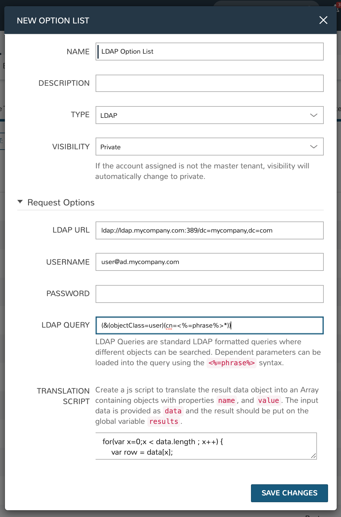 How to populate an Option List from an LDAP query