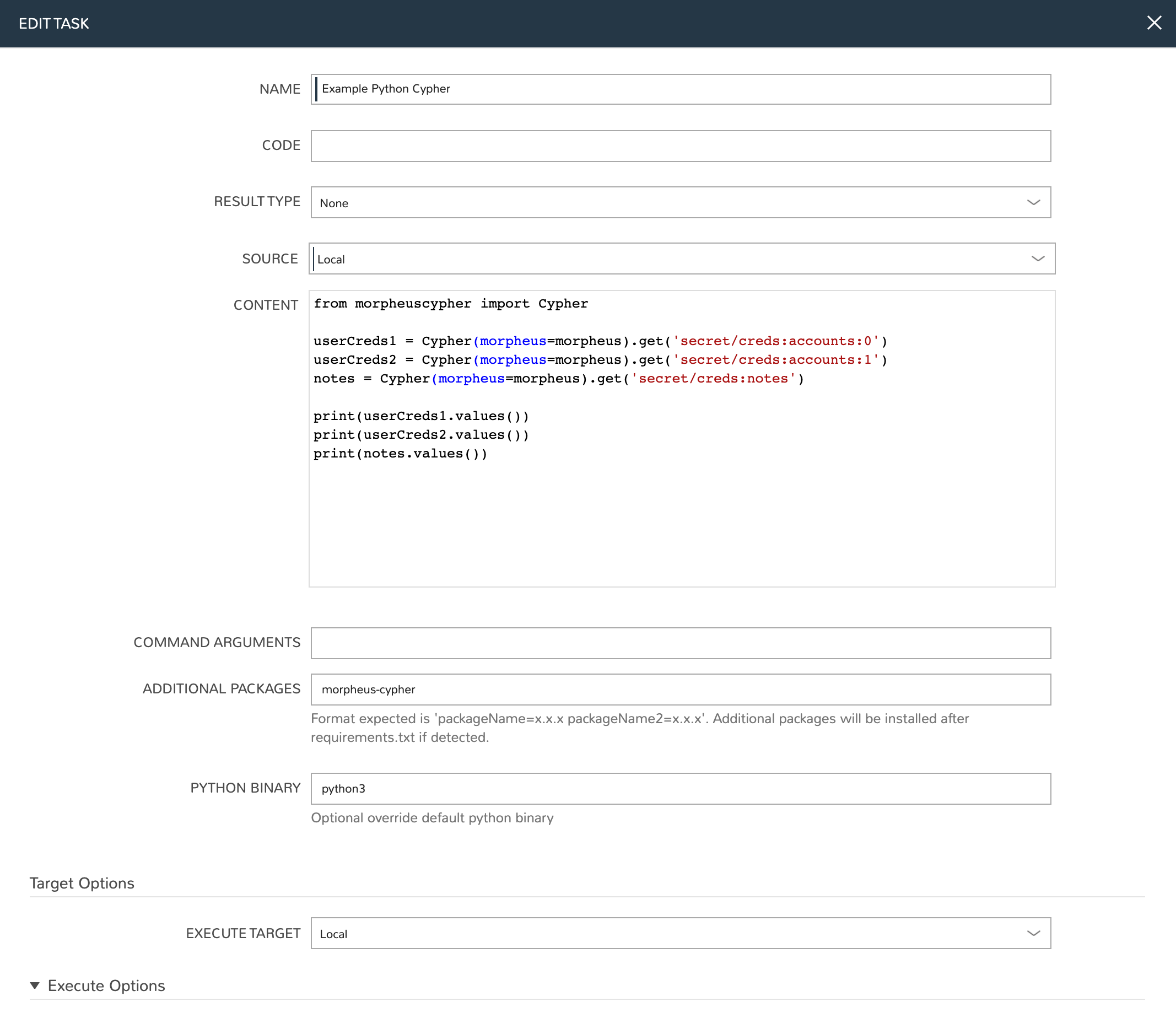 How to access Morpheus Cypher secrets in a Python Task